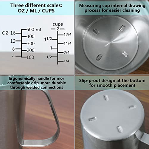 Measuring Cup, [Upgraded, 3 Measurement Scales, Including Cup Scale, ML Scale, Ounce Scale], Newness Stainless Steel Measuring Cup with Marking with Handle, 16 Ounces (0.5 Liter, 2 Cup)