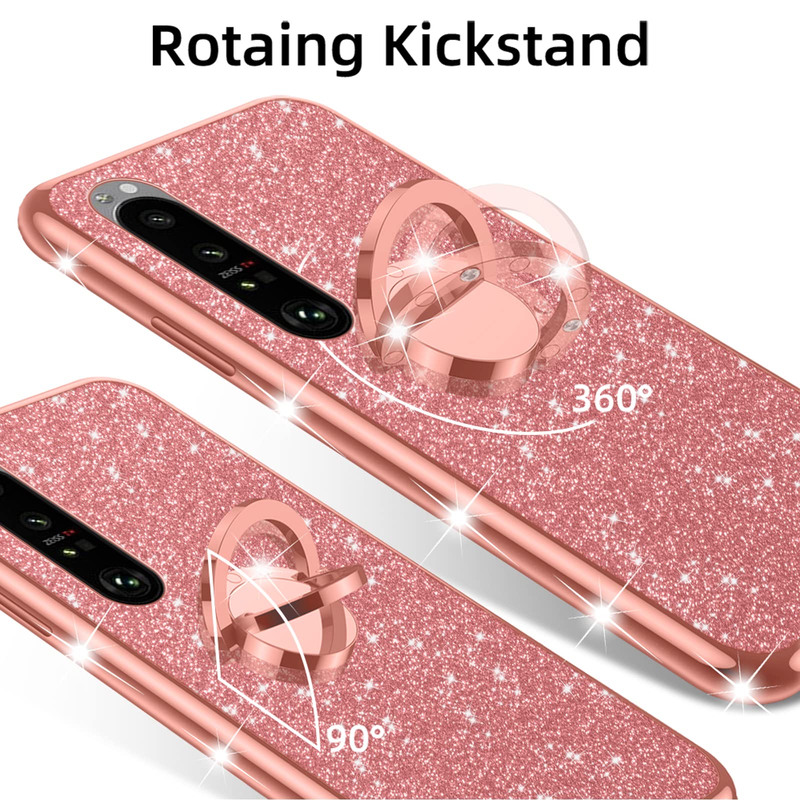 nancheng for Sony Xperia 1 III Phone Case (2021) with Ring Kickstand Lanyard Shockproof Protection Cover - Rose Gold