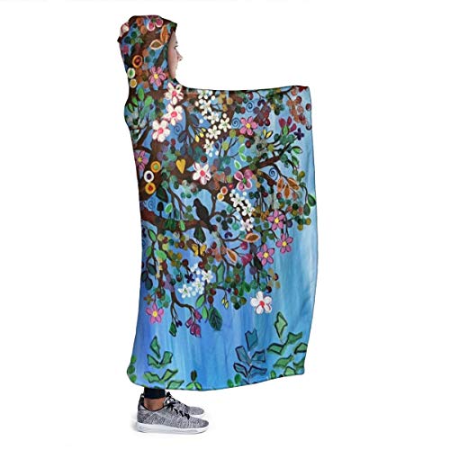 321DESIGN Blue Tree of Life Wearable Blanket Fleece Hooded Robe Cloak Throw Quilt Poncho Microfiber Sherpa Plush Warm Wrap Multiple-Size Adult(80"x60"in)