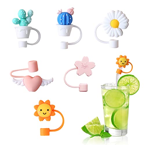 YEJAHY 6Pcs Silicone Straw Cover, Dust-Proof Straw Plugs, Reusable Drinking Dust Caps, Cute Straw Covers Protector, Drinking Straw Tips Lids (Flower)
