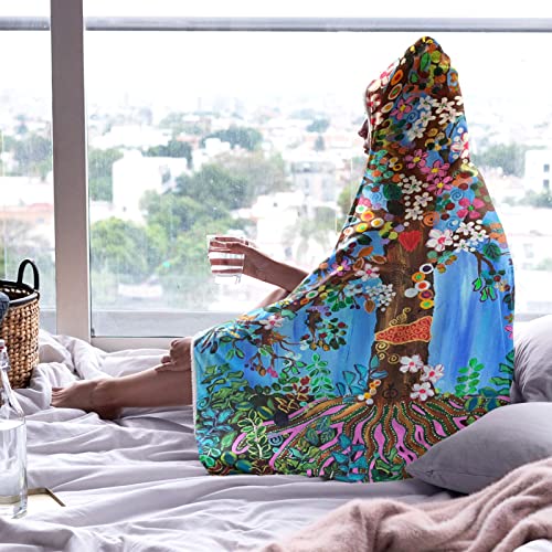 321DESIGN Blue Tree of Life Wearable Blanket Fleece Hooded Robe Cloak Throw Quilt Poncho Microfiber Sherpa Plush Warm Wrap Multiple-Size Adult(80"x60"in)