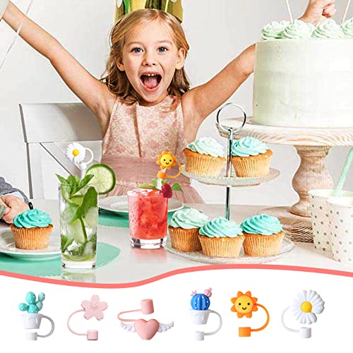 YEJAHY 6Pcs Silicone Straw Cover, Dust-Proof Straw Plugs, Reusable Drinking Dust Caps, Cute Straw Covers Protector, Drinking Straw Tips Lids (Flower)