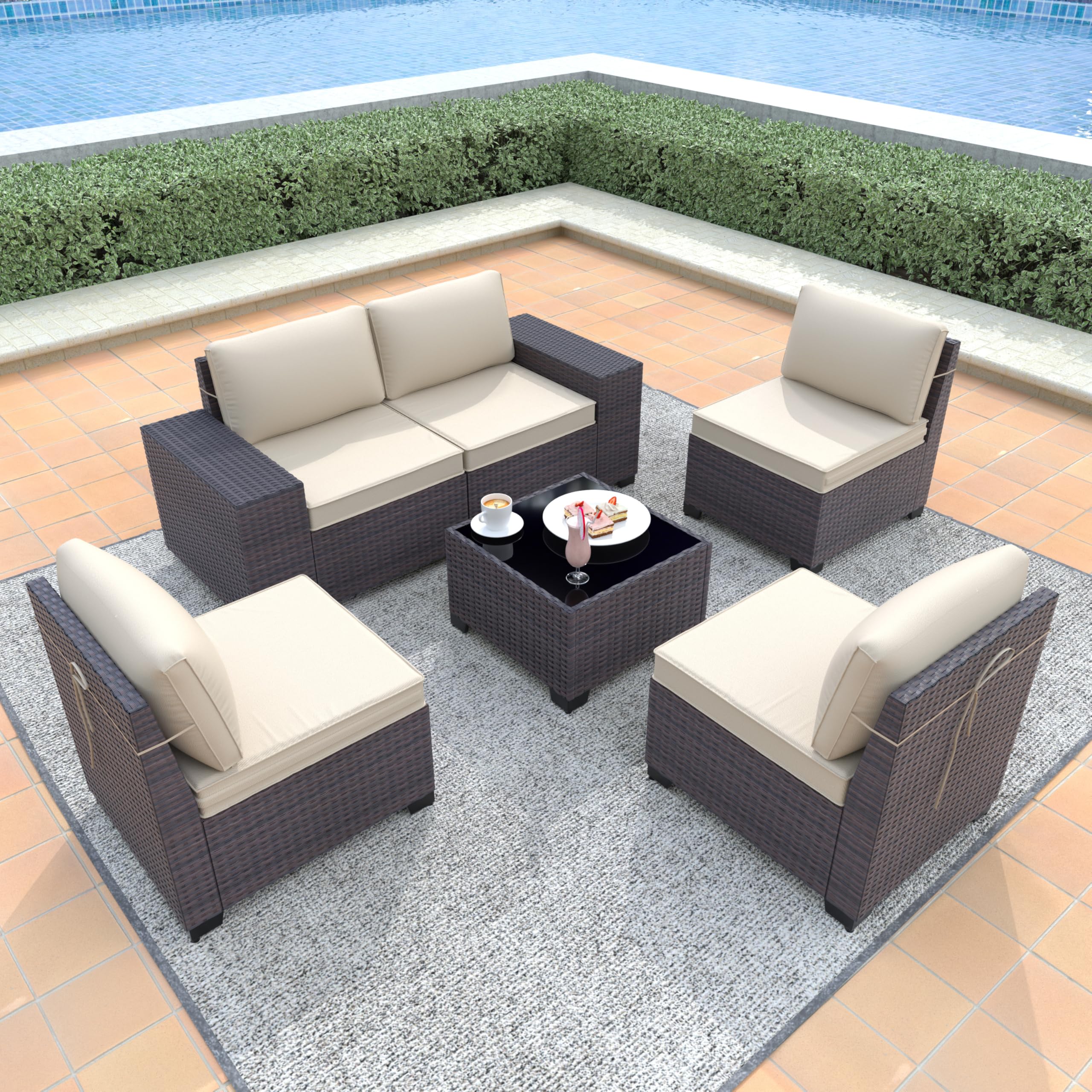 Gotland 6-Piece Patio Furniture Set, All-Weather PE Rattan Outdoor Sectional with Replaceable Khaki Waterproof Cushions and Coffee Table