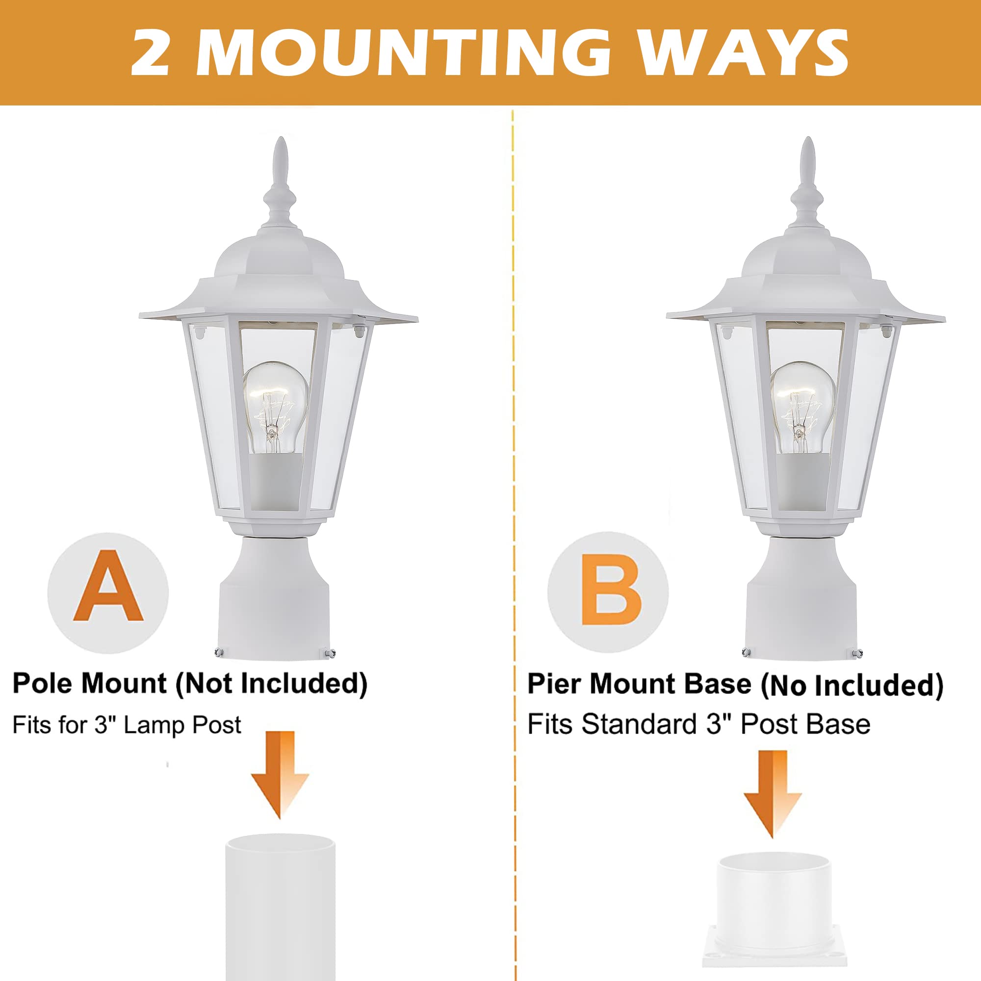 Outdoor Post Lights, Lamp Post Light Fixture with E26 Socket, White Exterior Post Lantern with Clear Glass Shade, Pillar Outside Lighting for Walkway, Driveway, Carriage, Anti-Rust & Waterproof