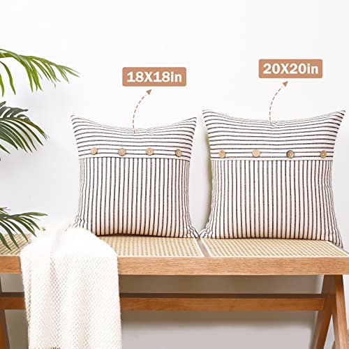 Farmhouse Button Pillow Covers 18 x 18, Black and Beige Striped Patchwork Pillow Covers, Set of 2 Modern Accent Square Couch Pillow Cases, Decorative Pillowcases with Buttons for Sofa Couch Bed