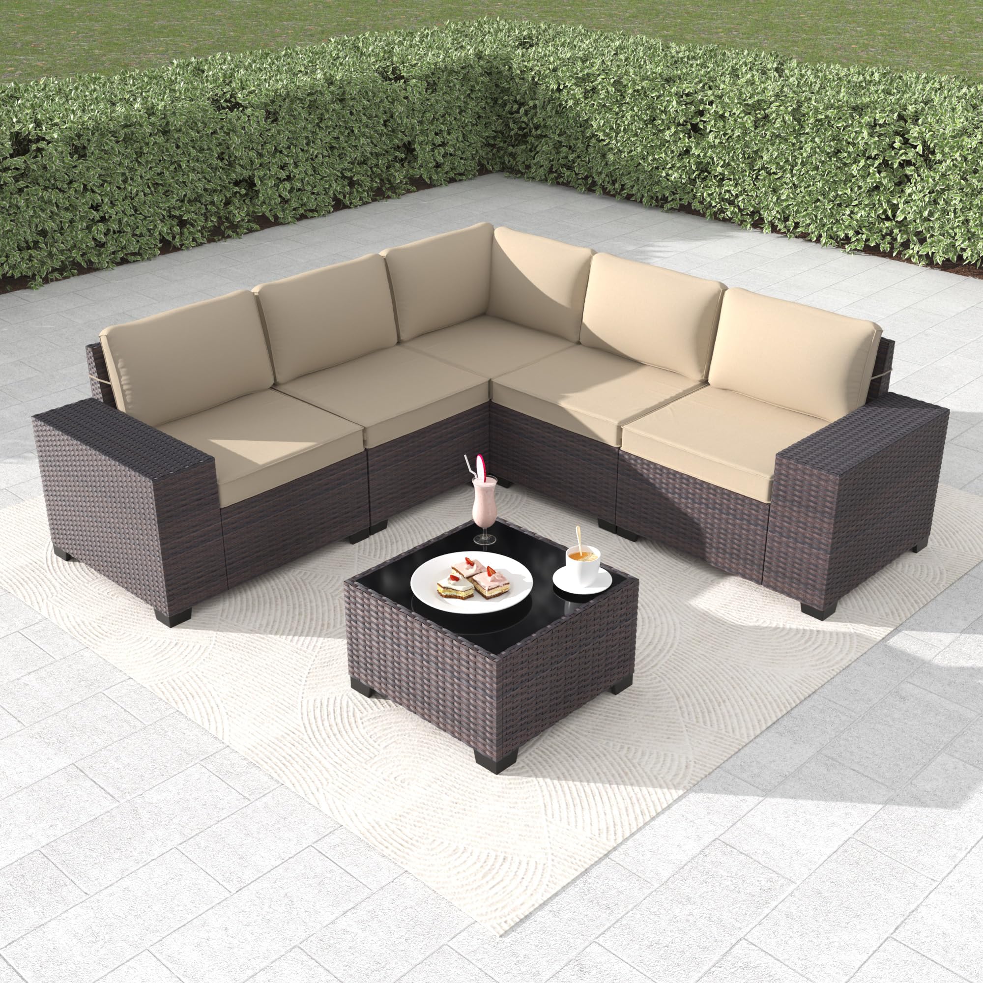 Gotland 6-Piece Patio Furniture Set, All-Weather PE Rattan Outdoor Sectional with Replaceable Khaki Waterproof Cushions and Coffee Table