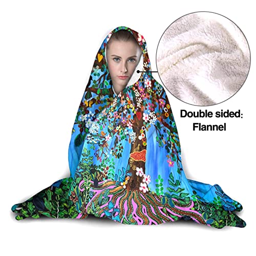 321DESIGN Blue Tree of Life Wearable Blanket Fleece Hooded Robe Cloak Throw Quilt Poncho Microfiber Sherpa Plush Warm Wrap Multiple-Size Adult(80"x60"in)