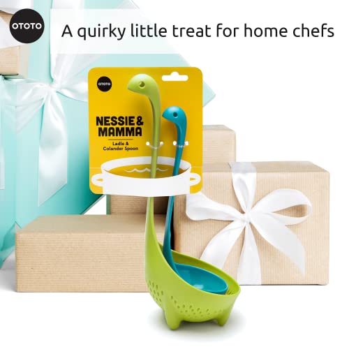 OTOTO Turquoise Nessie Ladle & Green Mama Nessie Colander Value Pack - Special Edition Soup Ladle & Colander Set - Ladles for Cooking - Kitchen Colander for Pasta - Dishwasher Safe & BPA free Ladle