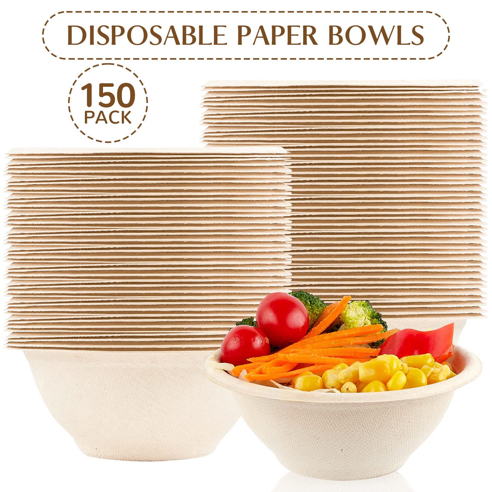 ZORRITA 150 Pack 8 oz Paper Bowls Disposable Small Compostable Soup Bowls Natural Sugarcane Biodegradable Bowls for Ice Cream, Desserts, Pet Food