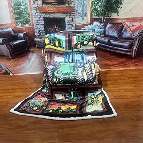 Green Tractor Machinery Front Flannel Back Sherpa Fleece Blanket Gift for Truck Driver Lover Wife Kids (X-Large 80 X 60 INCH)