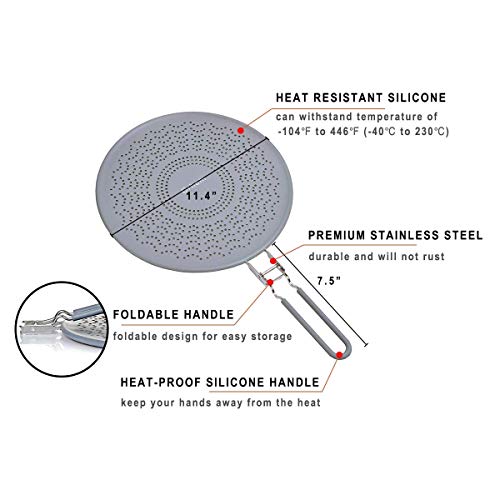 11" Silicone Splatter Screen Pan Cover with Folding Handle, Heat Insulation Cooling Mat, Strainer, Drain Board, Oil Splash Guard for Frying Pan