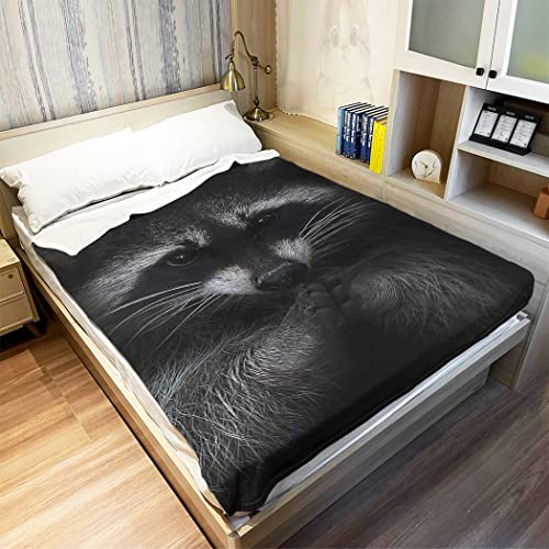 HommomH Raccoon Blanket Animal Pattern Digital Print Fleece Throw Black 50"x60"