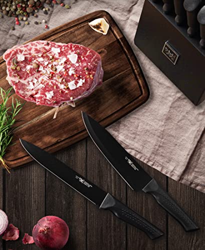 knife set, Dishwasher Safe Kitchen Knife Set with Block, 15 Pcs Black knife sets for kitchen with block Self Sharpening, 6 Steak Knives, Anti-slip handle, Black