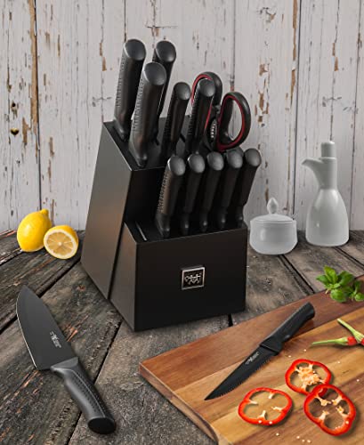 knife set, Dishwasher Safe Kitchen Knife Set with Block, 15 Pcs Black knife sets for kitchen with block Self Sharpening, 6 Steak Knives, Anti-slip handle, Black