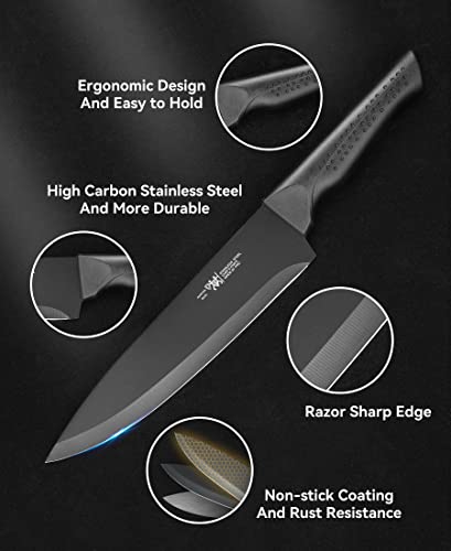 knife set, Dishwasher Safe Kitchen Knife Set with Block, 15 Pcs Black knife sets for kitchen with block Self Sharpening, 6 Steak Knives, Anti-slip handle, Black