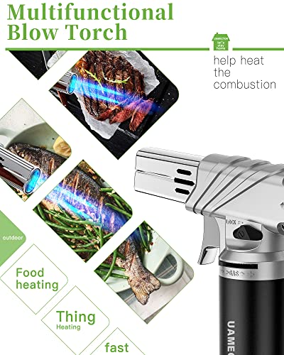 Uamector Butane Torch, Upgraded Refillable Kitchen Torch Lighter with Adjustable Dual Strong Flame & Safety Lock, Blow Food Torch for BBQ, Baking, Brulee, Creme, Silver-sets (Butane Gas Not Included)