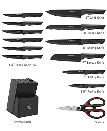 knife set, Dishwasher Safe Kitchen Knife Set with Block, 15 Pcs Black knife sets for kitchen with block Self Sharpening, 6 Steak Knives, Anti-slip handle, Black