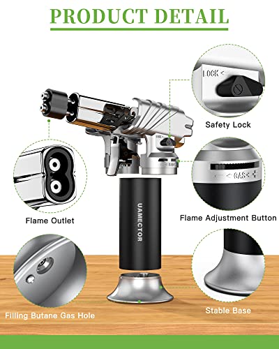 Uamector Butane Torch, Upgraded Refillable Kitchen Torch Lighter with Adjustable Dual Strong Flame & Safety Lock, Blow Food Torch for BBQ, Baking, Brulee, Creme, Silver-sets (Butane Gas Not Included)
