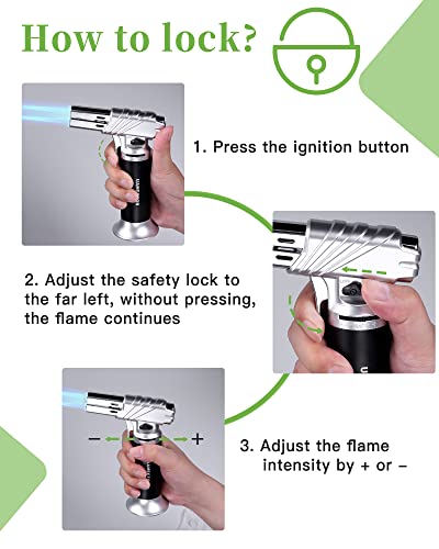 Uamector Butane Torch, Upgraded Refillable Kitchen Torch Lighter with Adjustable Dual Strong Flame & Safety Lock, Blow Food Torch for BBQ, Baking, Brulee, Creme, Silver-sets (Butane Gas Not Included)