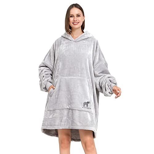 ELEPHWILD Thick Wearable Blanket Hoodie for Adults, Grey Super Cozy Warm Wearable Sweatshirt Blankets with Sleeves And Giant Pocket, One Size Fits All Women Men