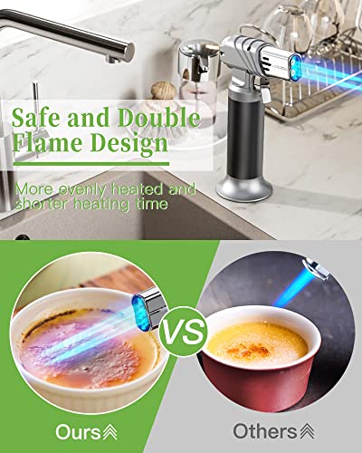 Uamector Butane Torch, Upgraded Refillable Kitchen Torch Lighter with Adjustable Dual Strong Flame & Safety Lock, Blow Food Torch for BBQ, Baking, Brulee, Creme, Silver-sets (Butane Gas Not Included)