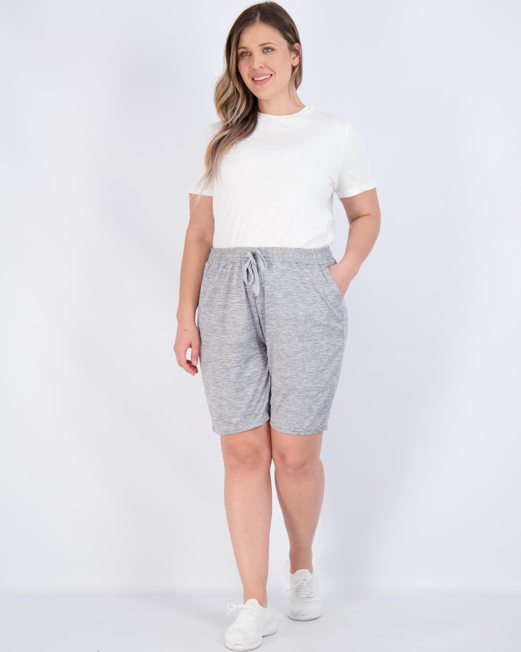 Real Essentials Women’s Plus Size Just My Quick Dry Fit 7 Inch Inseam Athletic Casual Lounge Fitness Gym Long Shorts High Waisted Running Bermuda Pockets Ladies Workout Active, Set 1, 1X, Pack of 4