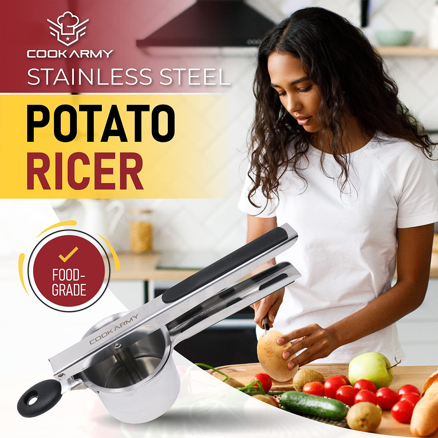 Cook Army Potato Ricer Stainless Steel Professional β 15 Oz Ricer Kitchen Tool With 3 Interchangeable Discs & Non Slip Handle β Mashed Potatoes Ricer & 3 in 1 Veggie Potato Peeler Knife Gadget