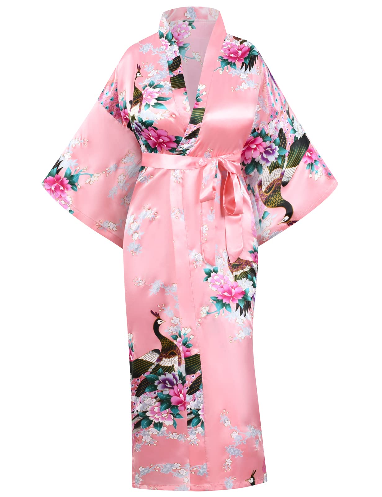 Heone Japanese Long Kimono Satin Peacock Printed Lightweight Cardigan Jacket Coat Loose Yukata Cloak Bathrobe Tops folding fans Tabi Socks Set(Coralred XL-5XL)