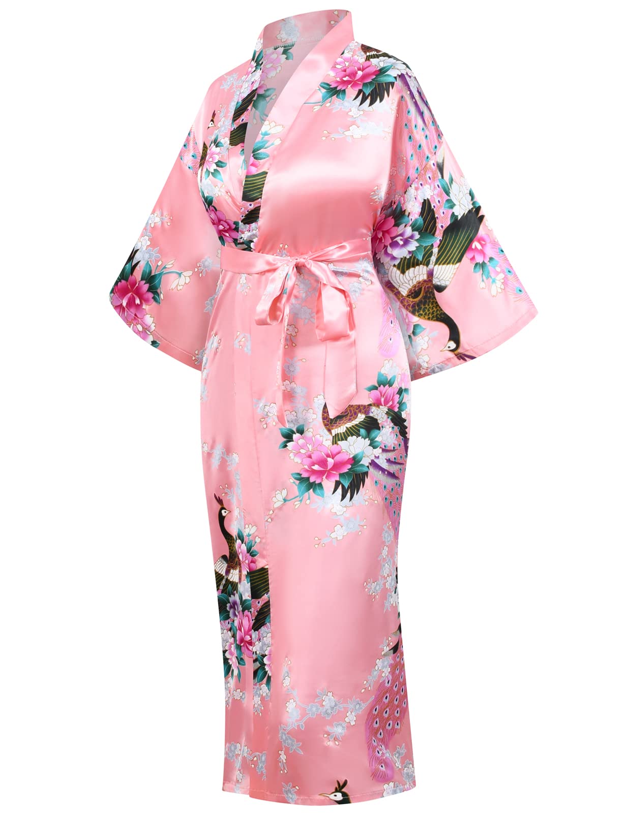 Heone Japanese Long Kimono Satin Peacock Printed Lightweight Cardigan Jacket Coat Loose Yukata Cloak Bathrobe Tops folding fans Tabi Socks Set(Coralred XL-5XL)
