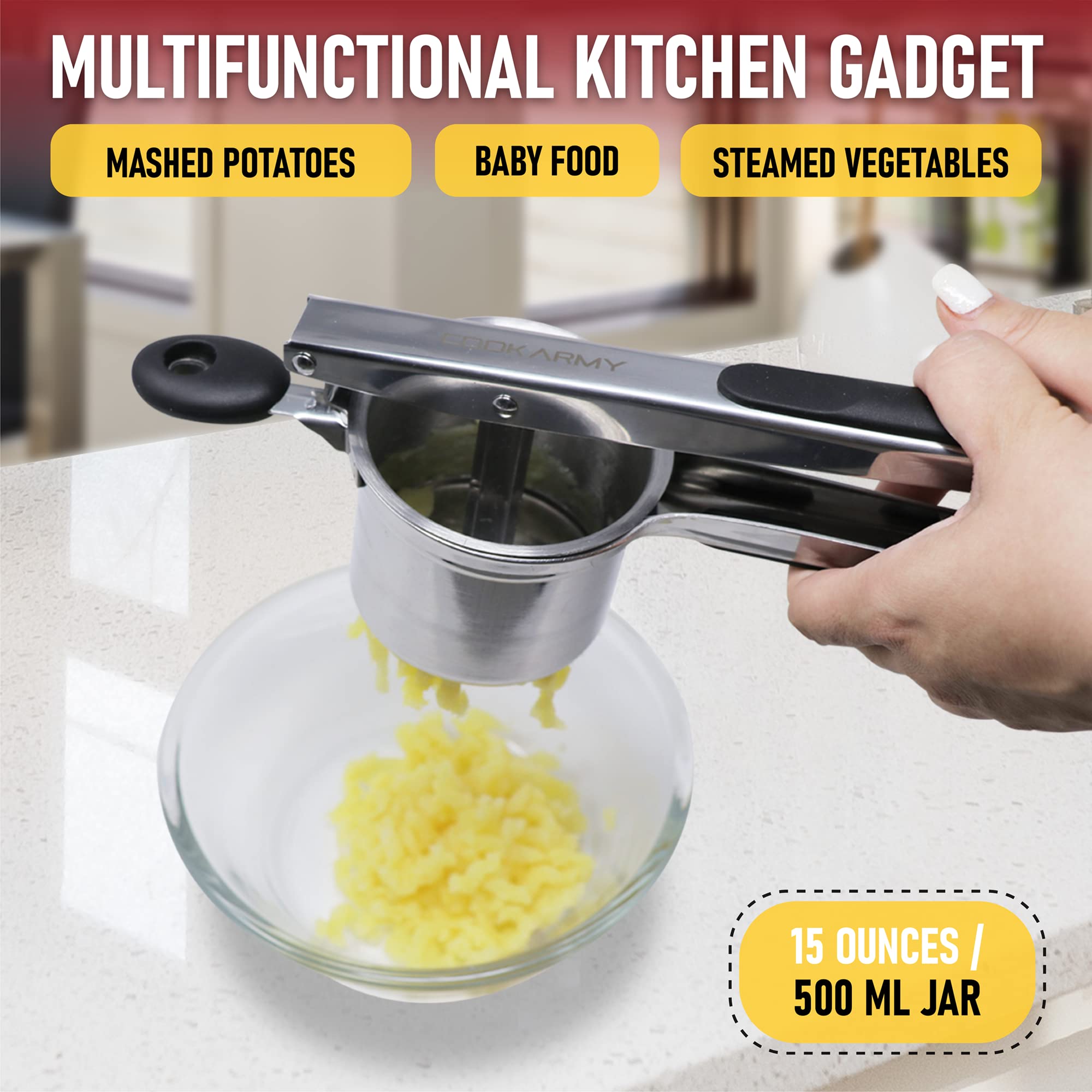 Cook Army Potato Ricer Stainless Steel Professional β 15 Oz Ricer Kitchen Tool With 3 Interchangeable Discs & Non Slip Handle β Mashed Potatoes Ricer & 3 in 1 Veggie Potato Peeler Knife Gadget