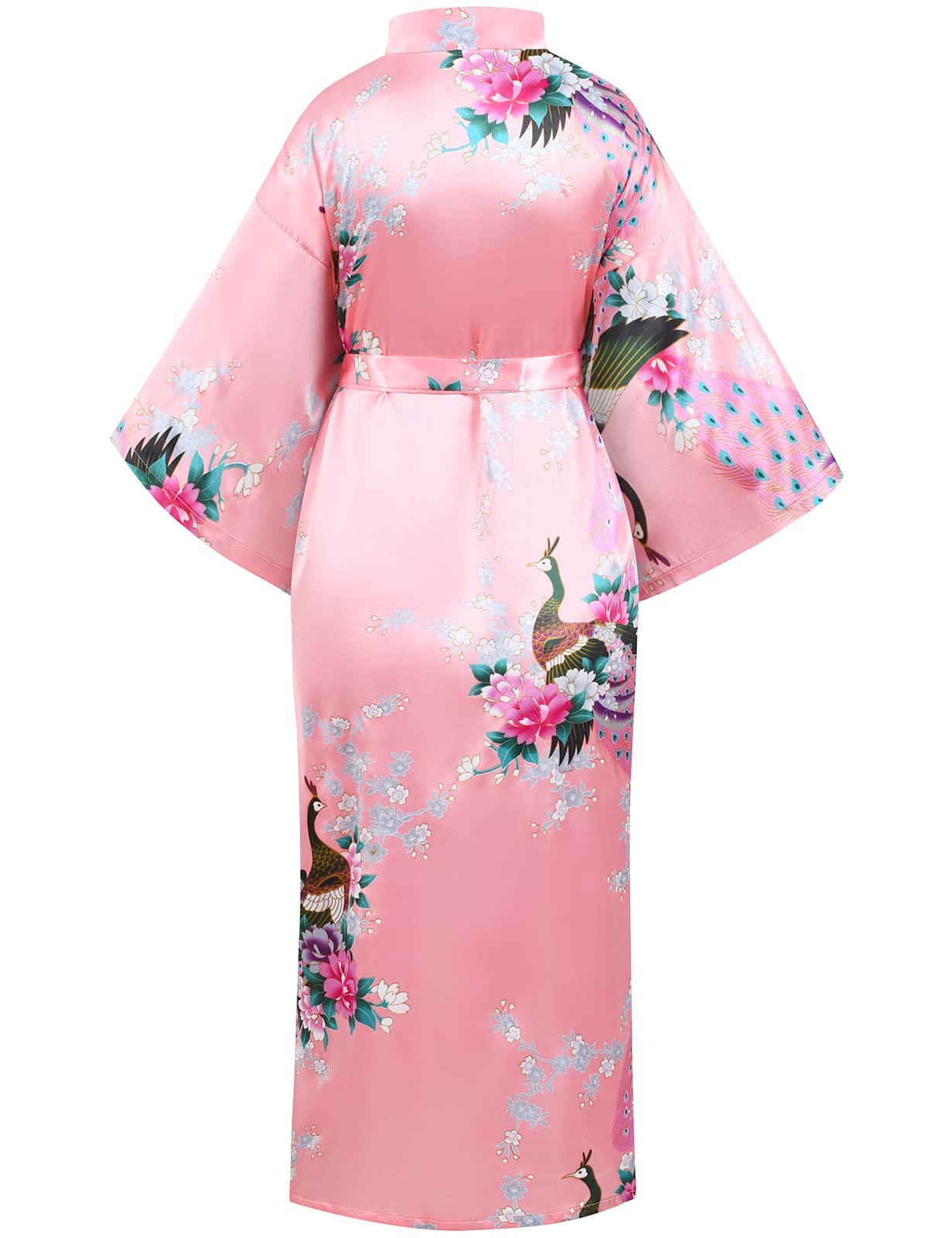 Heone Japanese Long Kimono Satin Peacock Printed Lightweight Cardigan Jacket Coat Loose Yukata Cloak Bathrobe Tops folding fans Tabi Socks Set(Coralred XL-5XL)