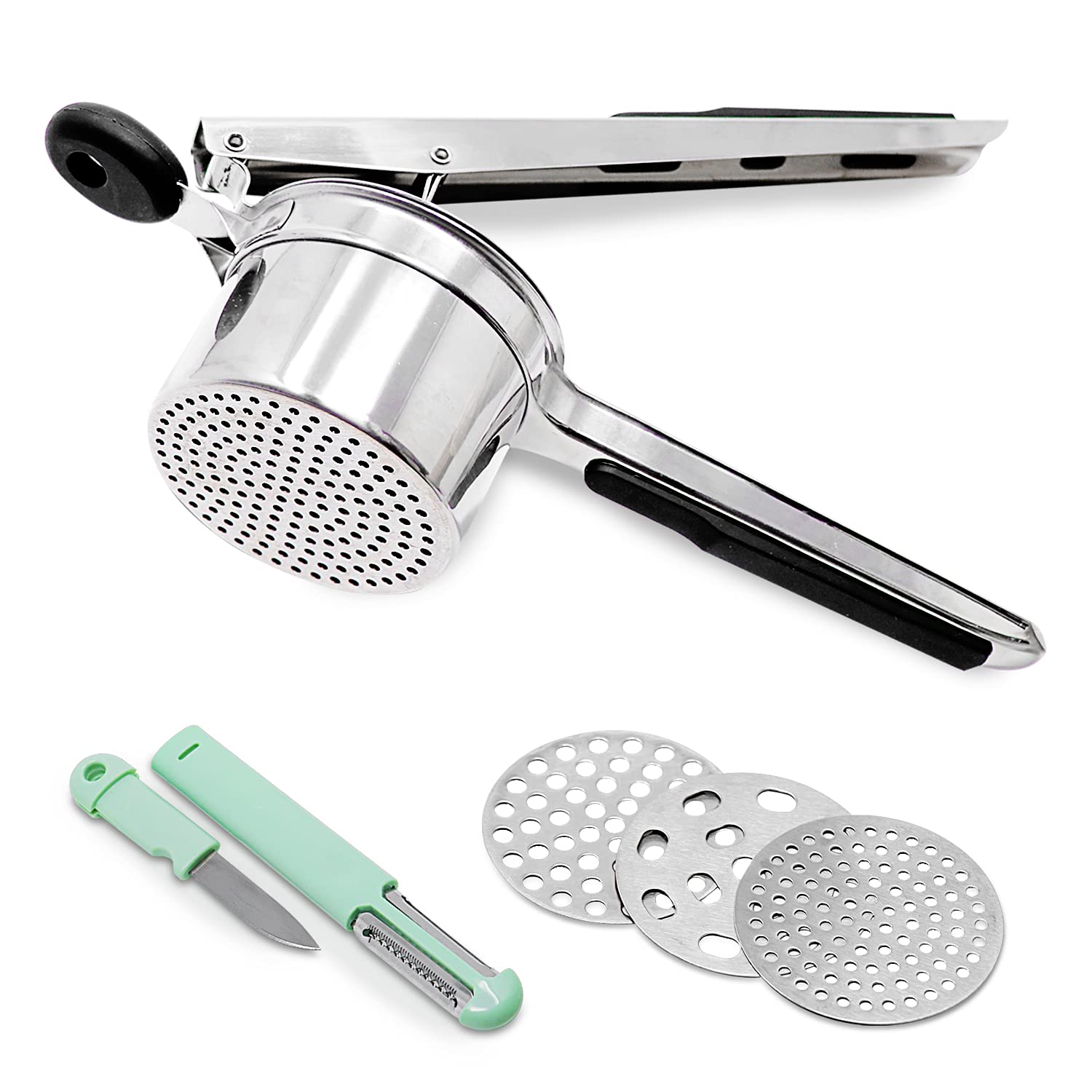 Cook Army Potato Ricer Stainless Steel Professional β 15 Oz Ricer Kitchen Tool With 3 Interchangeable Discs & Non Slip Handle β Mashed Potatoes Ricer & 3 in 1 Veggie Potato Peeler Knife Gadget