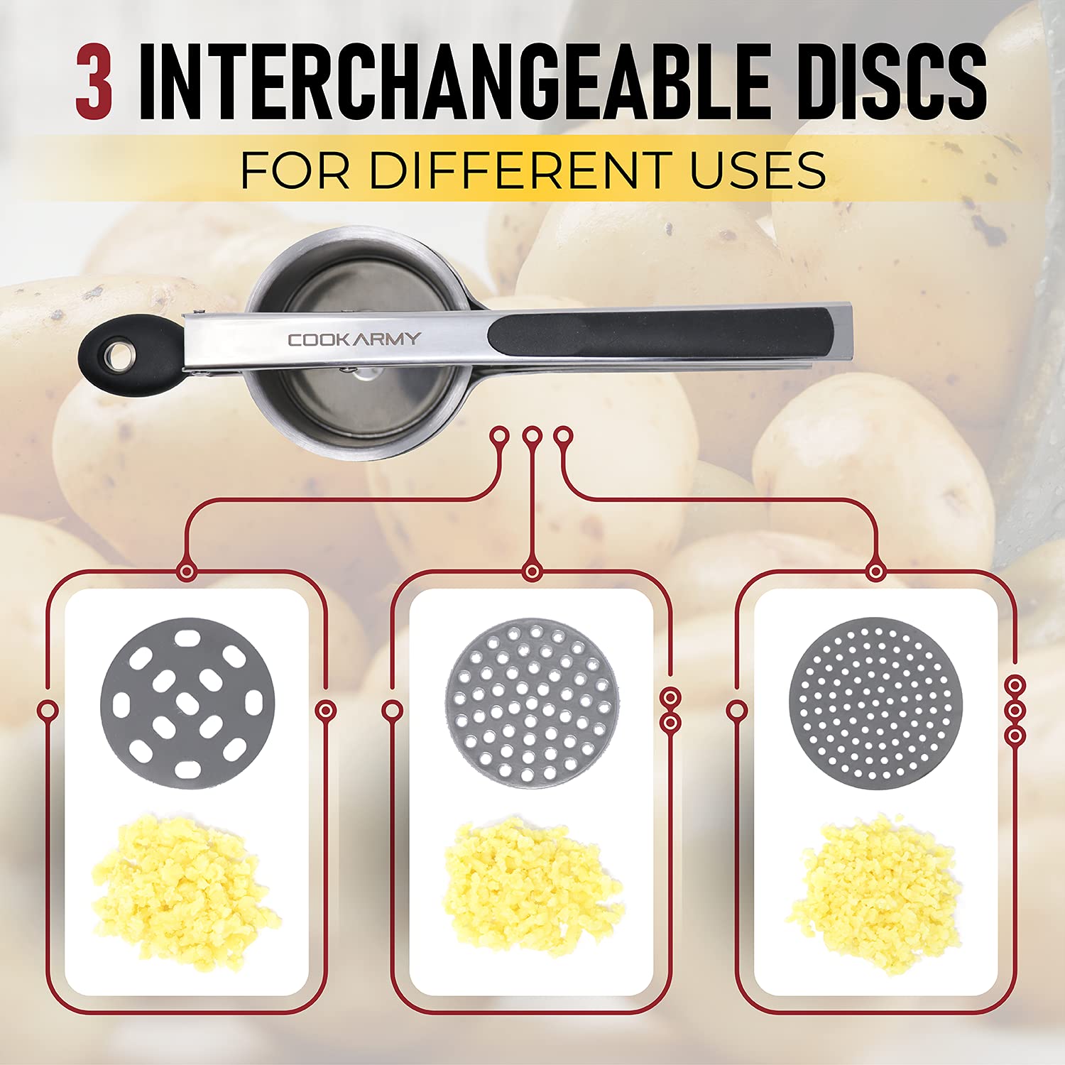 Cook Army Potato Ricer Stainless Steel Professional β 15 Oz Ricer Kitchen Tool With 3 Interchangeable Discs & Non Slip Handle β Mashed Potatoes Ricer & 3 in 1 Veggie Potato Peeler Knife Gadget