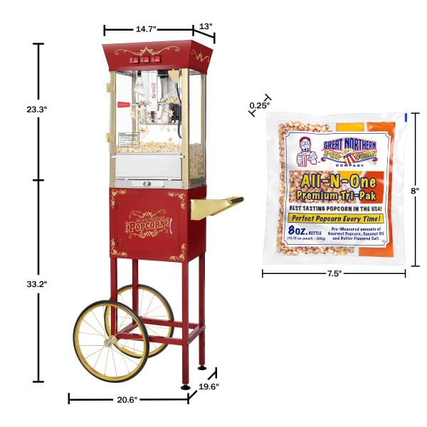 Matinee Popcorn Machine and Cart – 3 Gallon Popcorn Popper, 8oz Kettle, Warmer, and 5 All-In-One Popcorn Packs by Great Northern Popcorn (Red)