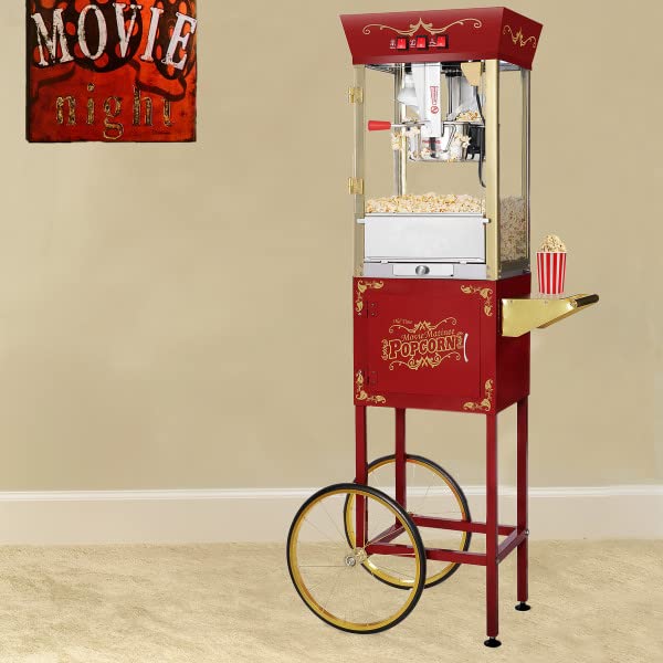 Matinee Popcorn Machine and Cart – 3 Gallon Popcorn Popper, 8oz Kettle, Warmer, and 5 All-In-One Popcorn Packs by Great Northern Popcorn (Red)