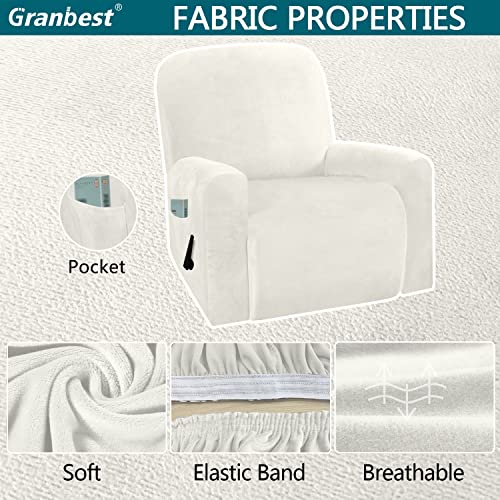 Granbest Velvet Plush Recliner Chair Cover High Stretch Recliner Slipcover Furniture Protector with Pockets(Creamy White)