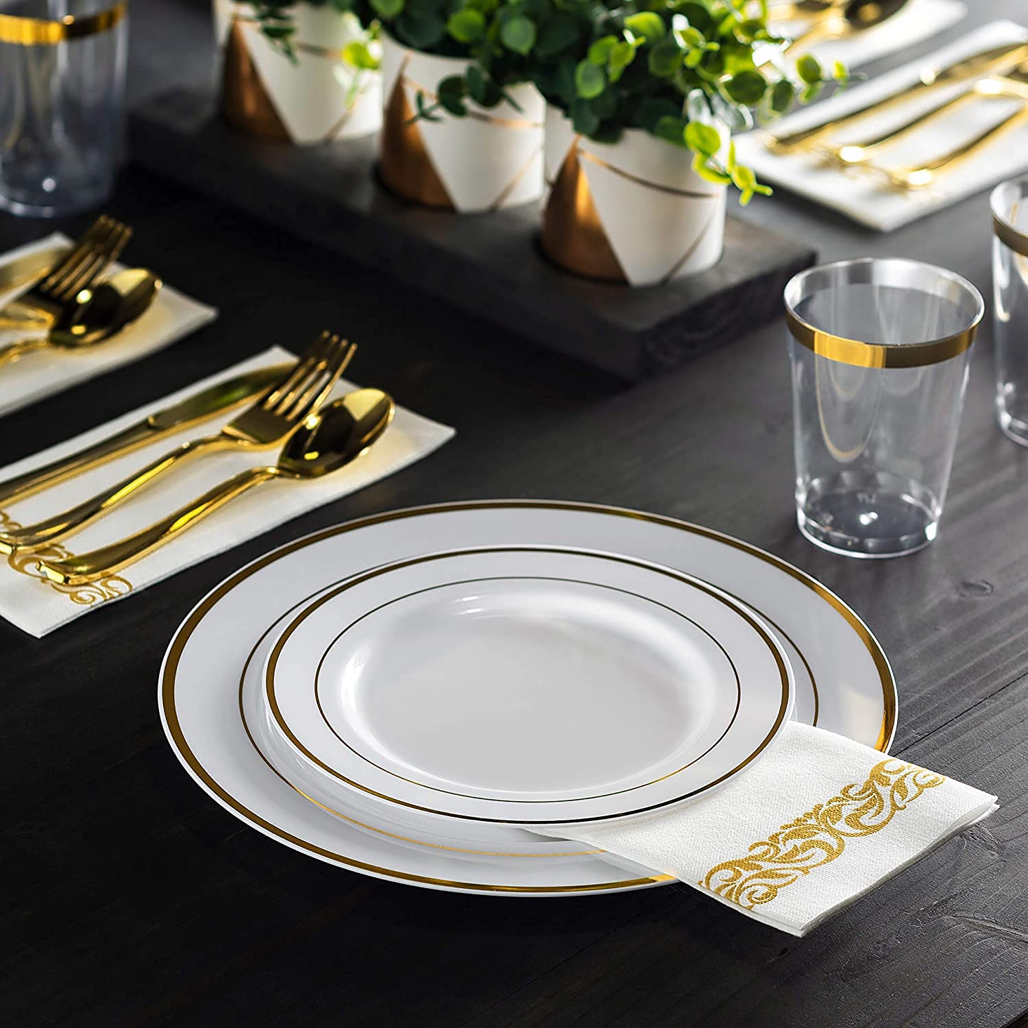 60 Gold Plastic Plates Set, 30 Pcs 10.25 Inch Plastic Dinner Plates and 30 Pcs 7.5 Inch Plastic Dessert Plates, Elegant Fancy Heavy Duty Disposable Plates for Party, Wedding, White with Gold Rim