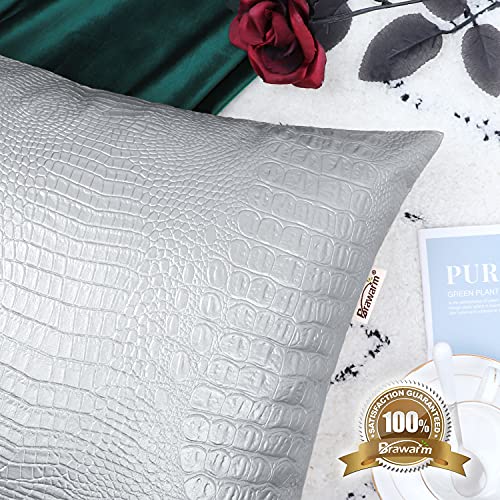 BRAWARM Faux Leather Pillow Covers 12 X 20 Inches, Silver Leather Pillow Covers Pack of 2, Crocodile Leather Decorative Lumbar Throw Pillows for Living Room Couch Bed Sofa Home