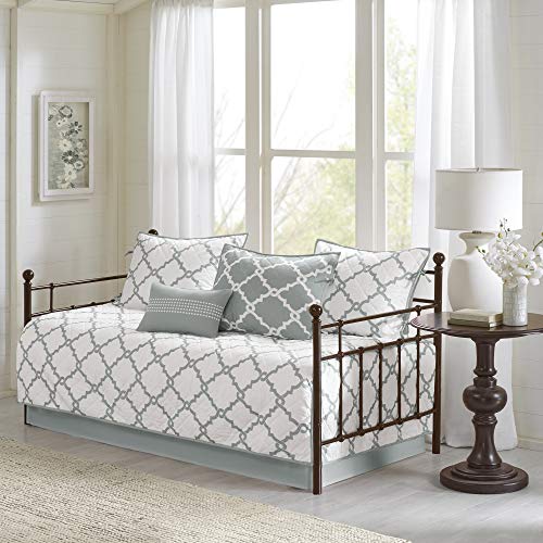 Madison Park Essentials Merritt Reversible Daybed Cover-Fretwork Print, Diamond Quilting All Season Cozy Bedding with Bedskirt, Matching Shams, Decorative Pillow, 75"x39", Grey 6 Piece