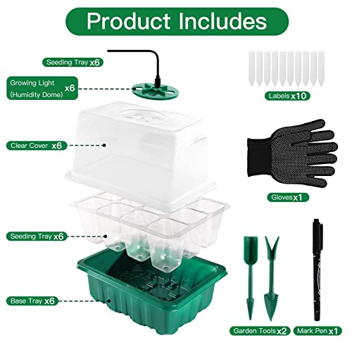 Cookmaster Seed Starter Tray, 6 Pack Seed Starter Kits with Grow Light, Seedling Trays with Humidity Domes, Indoor Gardening Plant Germination Trays, Covers Height 3.9", (12 Cells per Tray)