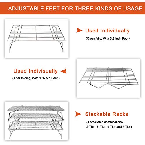 P&P CHEF Cooling Rack, 5-Tier Stainless Steel Stackable Baking Cooking Racks for Cooling Roasting Grilling, Collapsible & Heavy Duty, Oven & Dishwasher Safe - 15’’x10’’