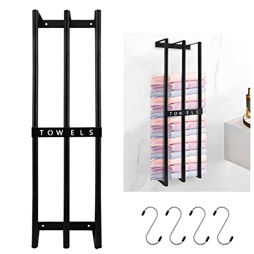 LVOERTUIG Wall Towel Rack for Rolled Towels with 4 Hooks, Towel Holder Towel Racks for Bathroom Wall Mounted, Bathroom Towel Storage, Metal Bath Towel Holder for Washcloths (Black)