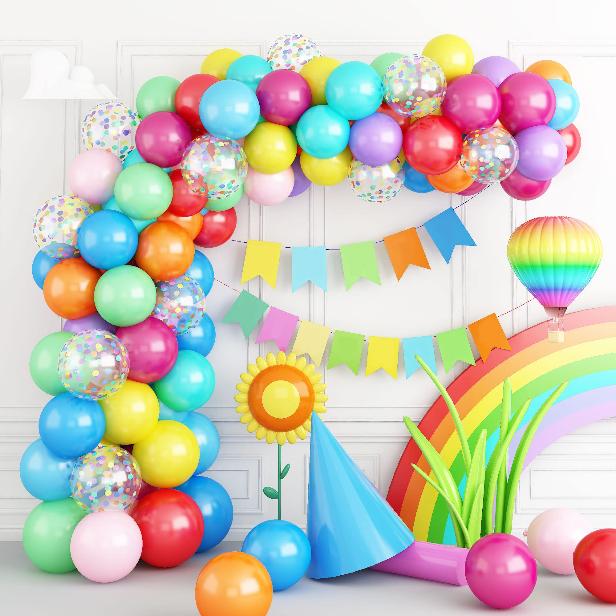 Colorful Balloon Garland Arch Kit 112pcs Birthday Party Decorations with 11 Colorful Confetti Latex Balloons for Kids Baby Shower Wedding Rainbow Fiesta, with Balloon Arch Strip