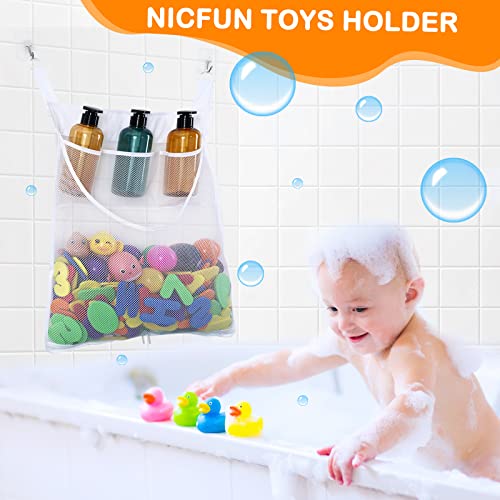 Baby Bathtub Toy Storage Mesh Bath Toy Organizer with Zipper Extra Large Opening Three Pocket with 4 Self-Adhesive Hooks and 4 D-Rings,Multi-Use Home Storage Bag Christmas Storage(1 Large, White)