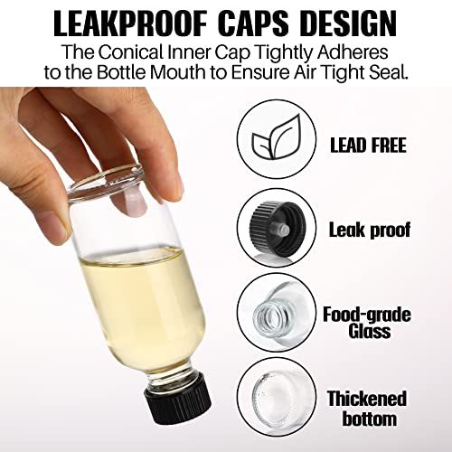 40 Pack, 2 oz Small Glass Bottles with Airtight Lids, 60 ml Empty Clear Sample Boston Bottle/Vials/Containers for Juice, Ginger Shots, Potion, Oils, Liquids - 90 Sticky Labels, Brush, 3Funnels