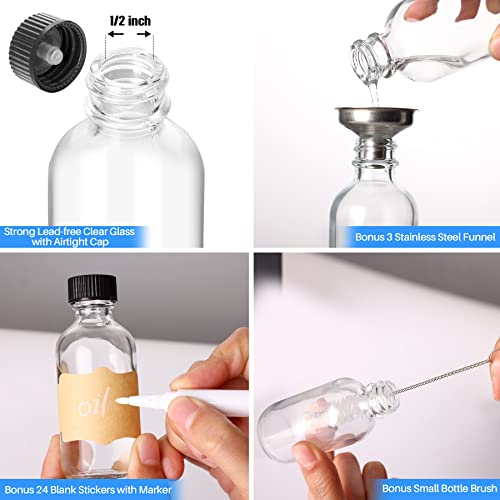 40 Pack, 2 oz Small Glass Bottles with Airtight Lids, 60 ml Empty Clear Sample Boston Bottle/Vials/Containers for Juice, Ginger Shots, Potion, Oils, Liquids - 90 Sticky Labels, Brush, 3Funnels