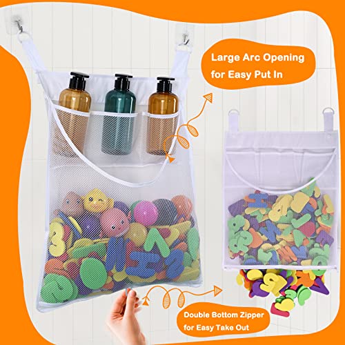 Baby Bathtub Toy Storage Mesh Bath Toy Organizer with Zipper Extra Large Opening Three Pocket with 4 Self-Adhesive Hooks and 4 D-Rings,Multi-Use Home Storage Bag Christmas Storage(1 Large, White)
