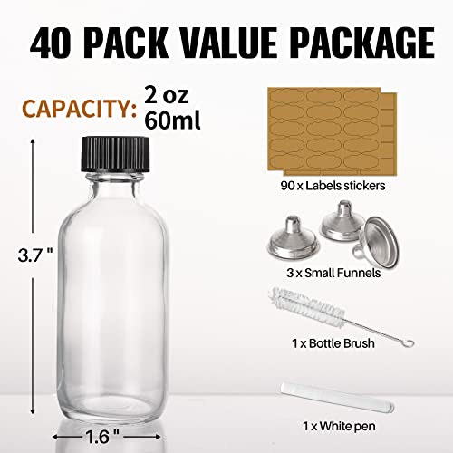 40 Pack, 2 oz Small Glass Bottles with Airtight Lids, 60 ml Empty Clear Sample Boston Bottle/Vials/Containers for Juice, Ginger Shots, Potion, Oils, Liquids - 90 Sticky Labels, Brush, 3Funnels
