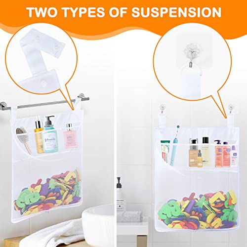 Baby Bathtub Toy Storage Mesh Bath Toy Organizer with Zipper Extra Large Opening Three Pocket with 4 Self-Adhesive Hooks and 4 D-Rings,Multi-Use Home Storage Bag Christmas Storage(1 Large, White)