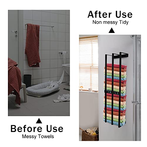 LVOERTUIG Wall Towel Rack for Rolled Towels with 4 Hooks, Towel Holder Towel Racks for Bathroom Wall Mounted, Bathroom Towel Storage, Metal Bath Towel Holder for Washcloths (Black)